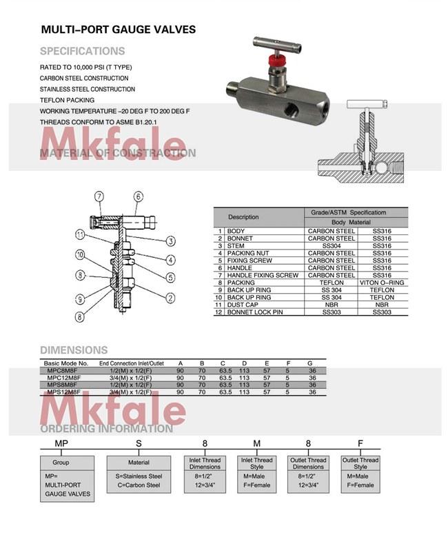 Multi - Port Stainless Steel Gauge Valves With PTFE Seal ASME NPT High ...
