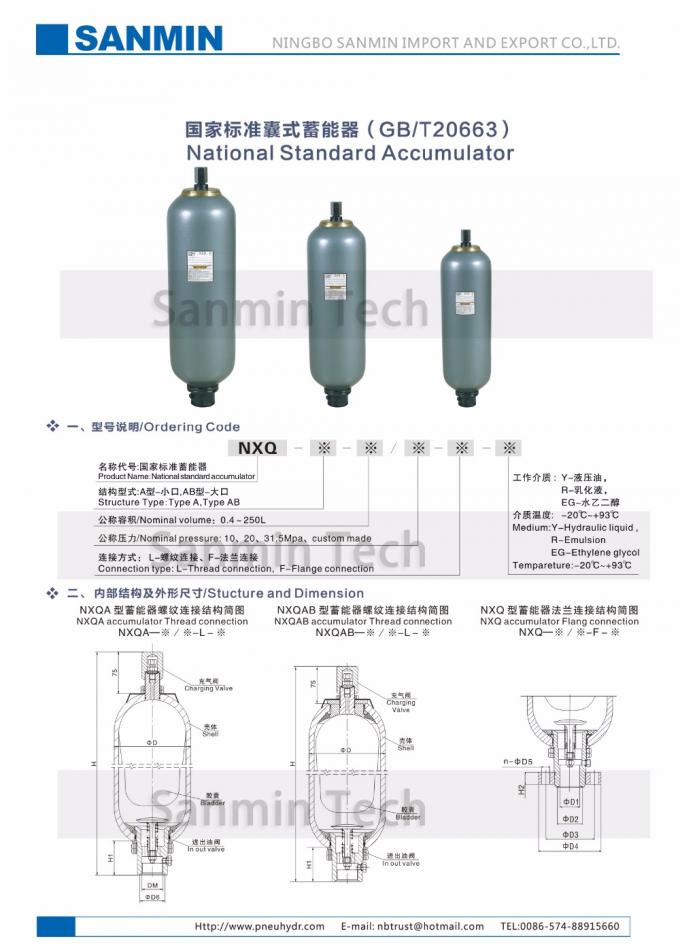 NXQ Nitrogen Hydraulic Bladder Accumulator ISO National Standard Thread ...